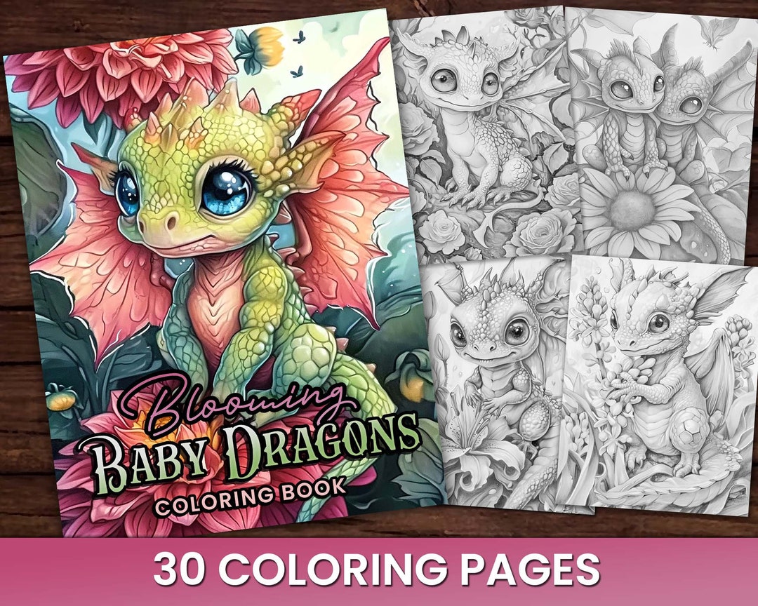 30 Baby Blooming Flower Dragon Fantasy Coloring Book, Adults Kids ...