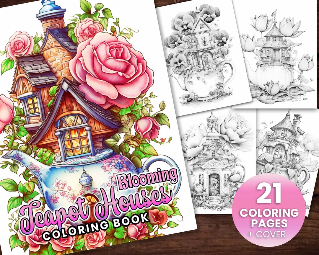 21 Teapot Fairy Homes Coloring Book, Adults Kids Instant Download ...
