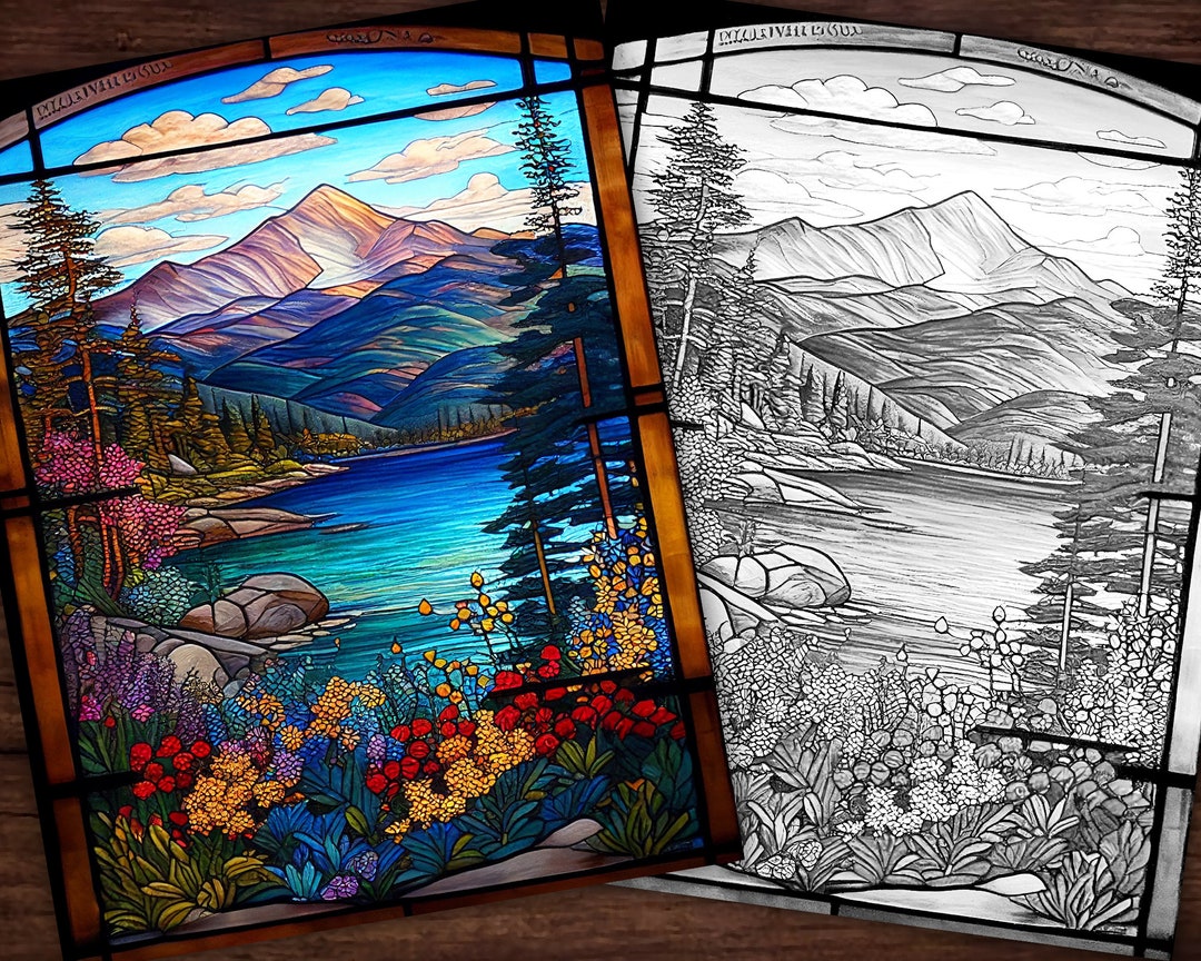 Stained Glass Landscape Window 21 Fantasy Anime Coloring Page, Adults ...