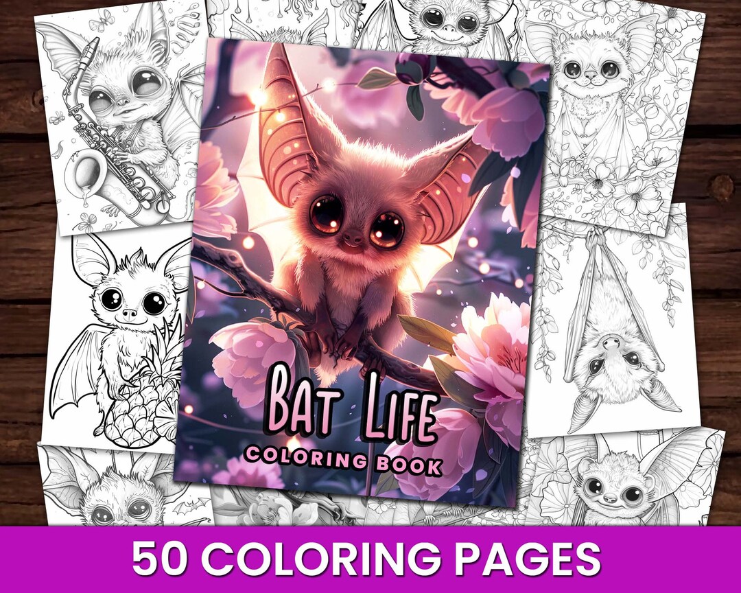 50 Bat Life Cute Variety, Coloring Page Book, Adults + Kids Instant ...