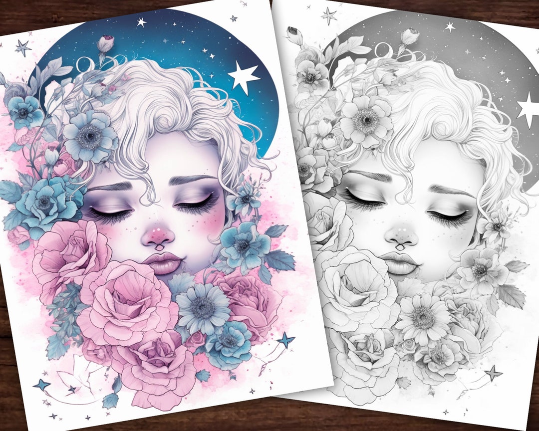 Young Moon Goddess Beautiful Coloring Page Adults & Kids - Etsy