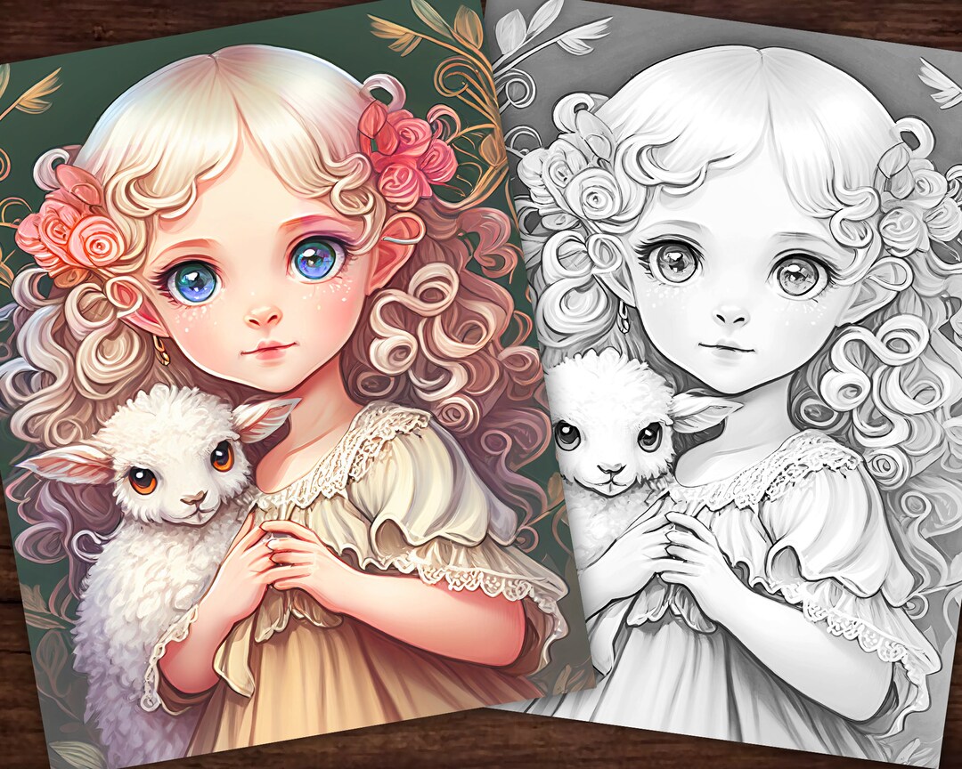 Farm Cutie Girl With Sheep Cute Farm Coloring Page, Adults & Kids ...