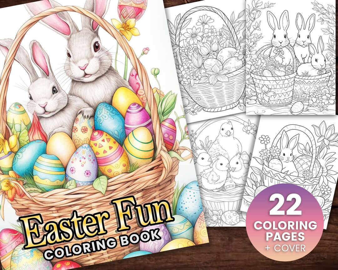 22 Easter Fun Cute Bunny, Chicks & Eggs Coloring Page, Adults + Kids ...