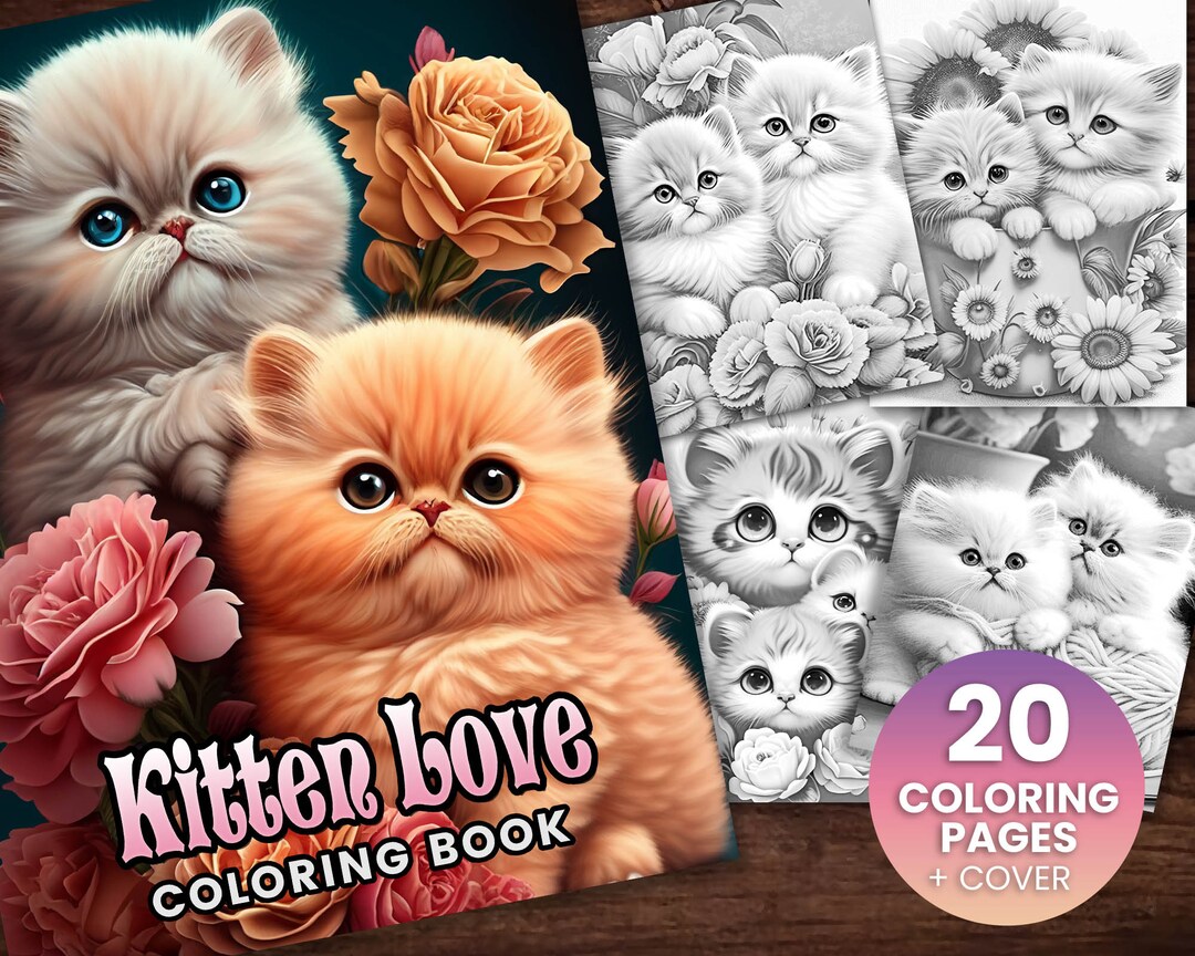 20 Baby Kitten Love Coloring Page Book, Adults + Kids- Instant Download ...
