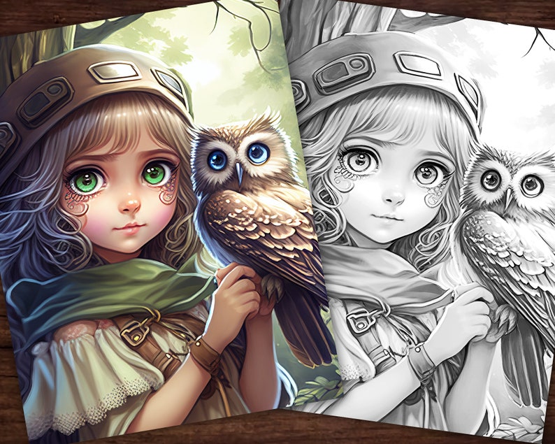 Girl and Her Owl Fantasy Coloring Page Adults & Kids Instant - Etsy
