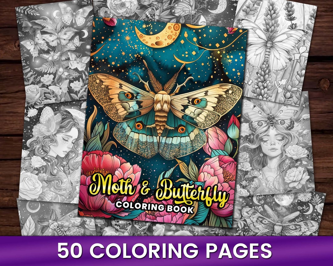 50 Moth and Butterfly Coloring Page Book, Adults + Kids Instant ...