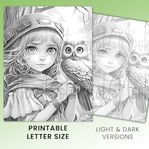 Girl and Her Owl Fantasy Coloring Page, Adults & Kids- Instant Download ...