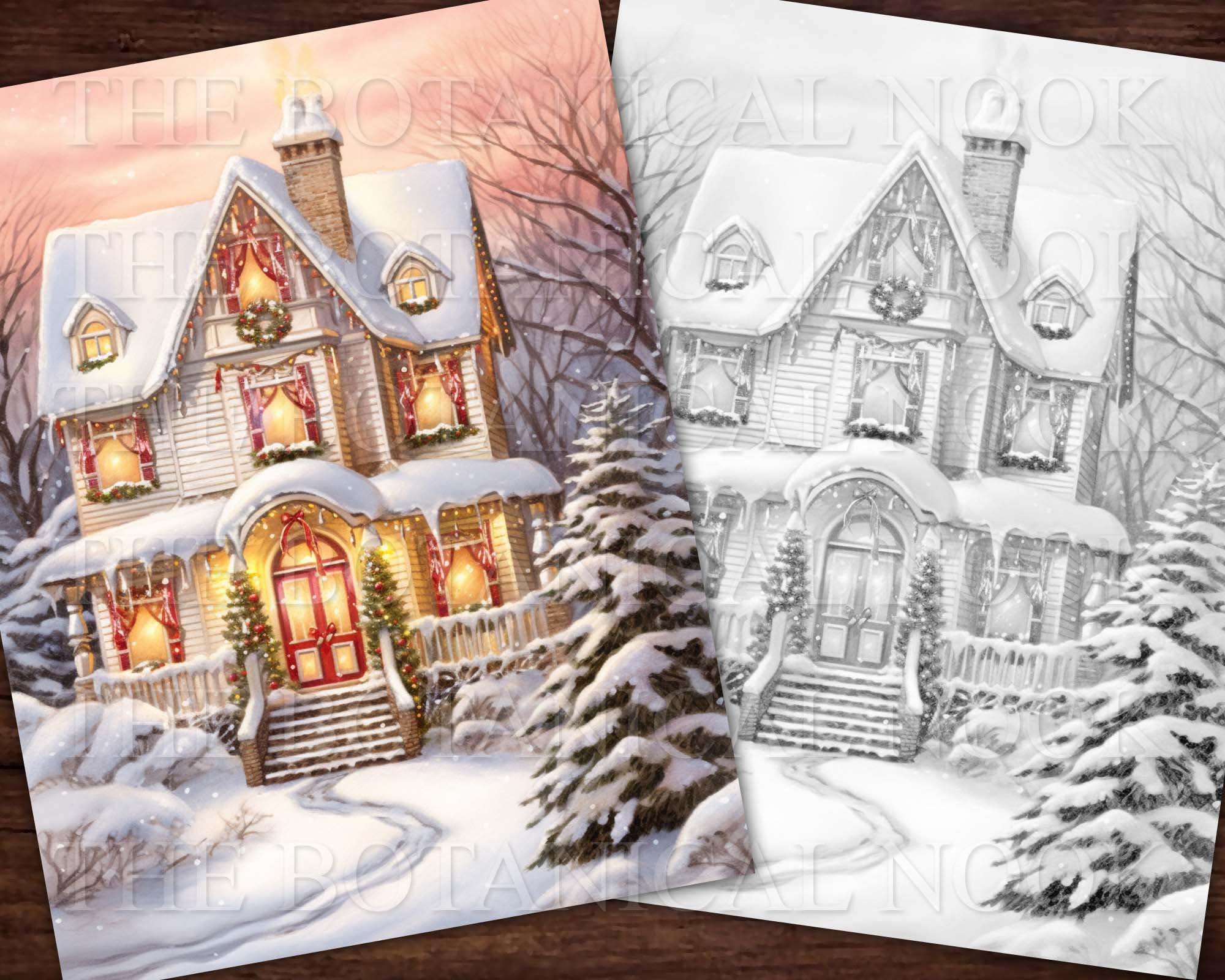 30 Cozy Winter Homes Coloring Book, Adults + Kids- Download - Grayscale ...