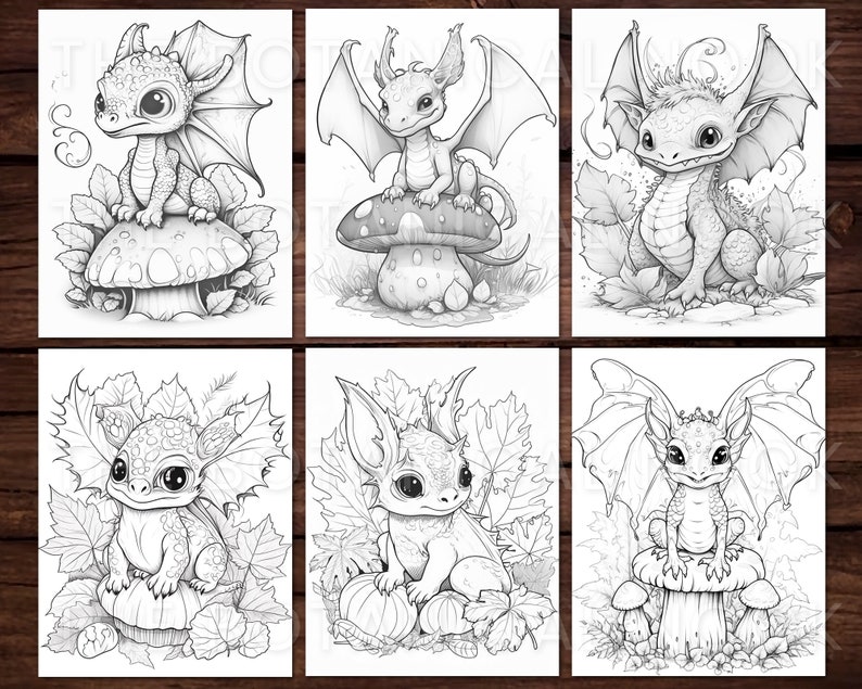 30 Baby Woodland Dragon Fantasy Coloring Page Book, Adults + Kids ...