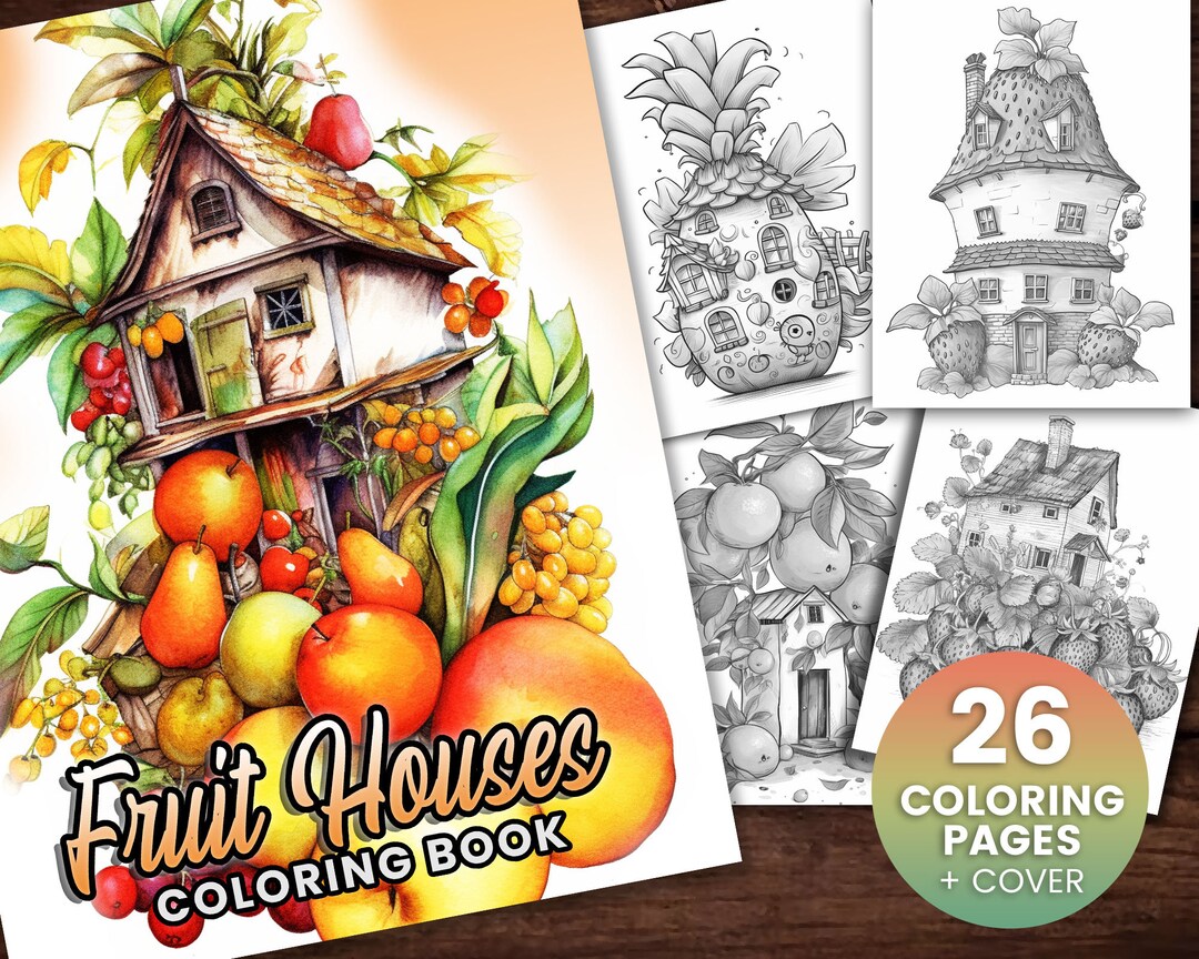 26 Fruit Houses Coloring Book, Adults Kids Instant Download -grayscale ...