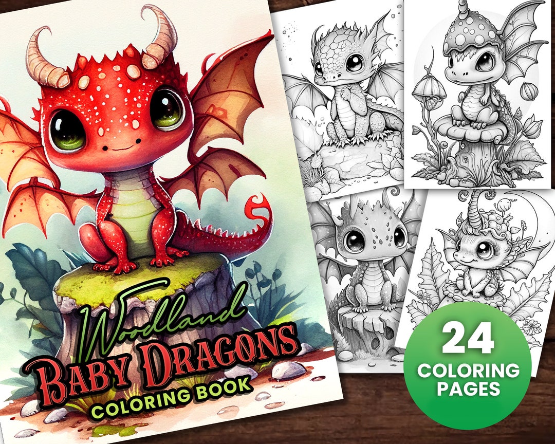 24 Baby Woodland Dragon Fantasy Coloring Page Book, Adults + Kids ...