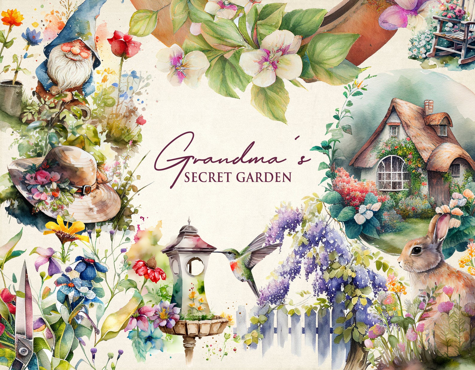 Grandma's Secret Garden Watercolor Clip Art Set (25 Element Graphic ...