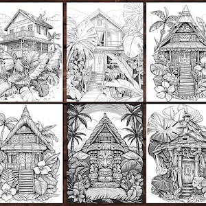 23 Tiki Tropical Houses Coloring Book, Adults Kids Instant Download ...