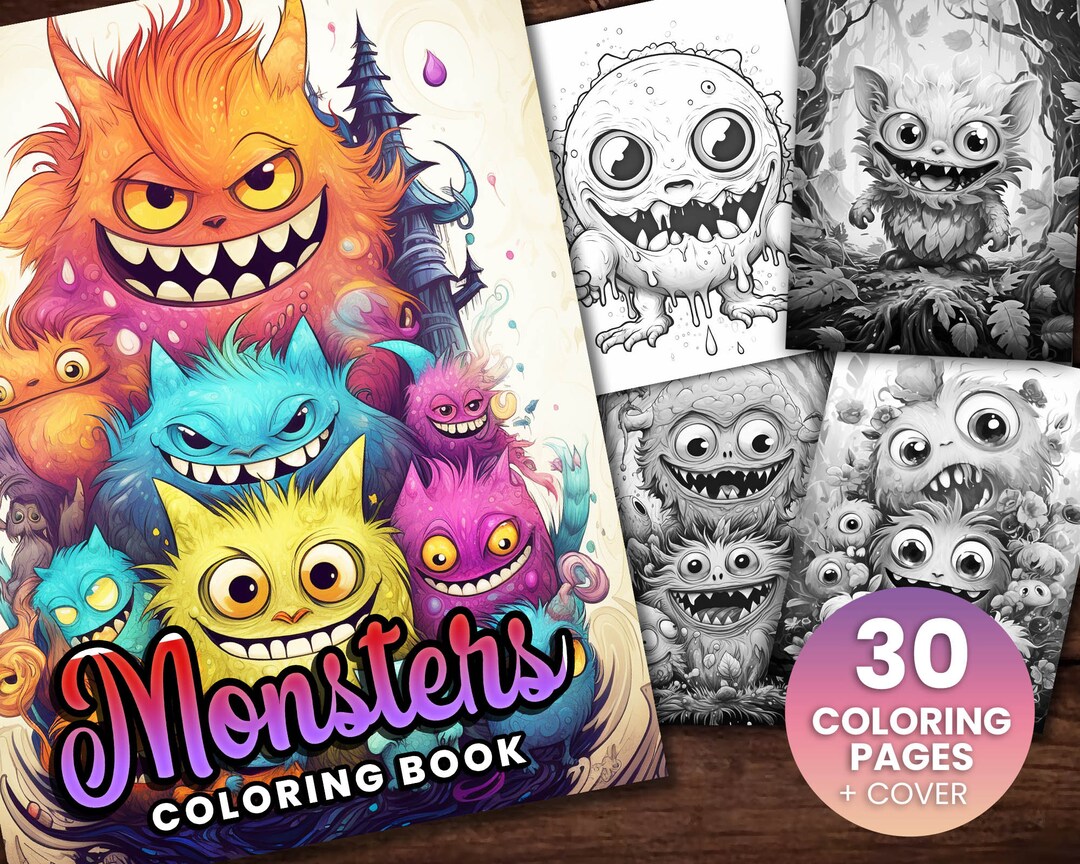 30 Cute Monsters Coloring Book, Adults + Kids- Download - Grayscale ...