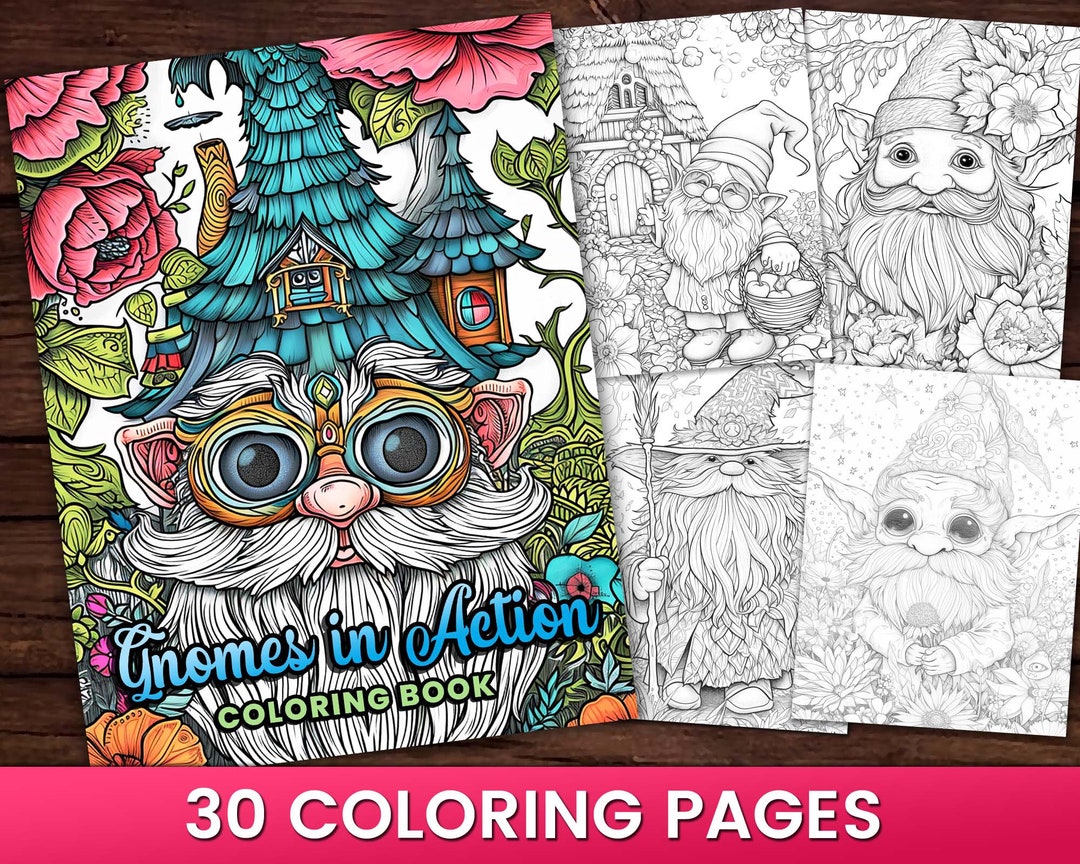 30 Gnomes in Action Coloring Pages Book, Adults + Kids- Instant ...