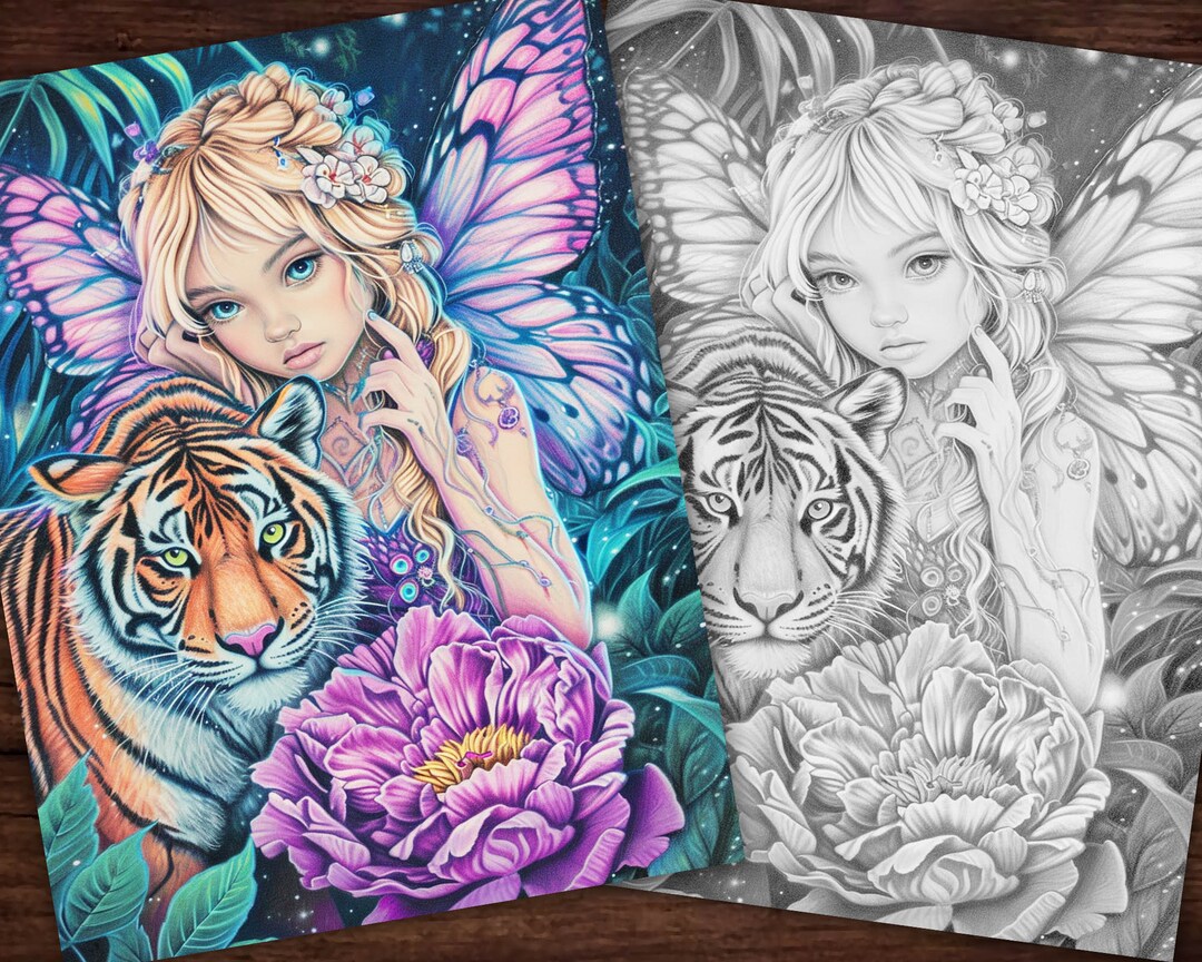 Darling Fairy Nymph & Her Tiger Cute Coloring Page, Adults Kids Instant ...