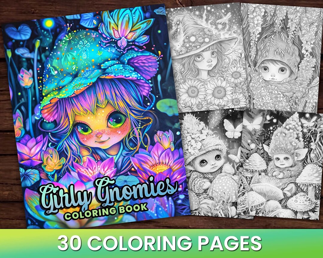 30 Girly Gnomies Coloring Page Book, Adults + Kids- Instant Download ...