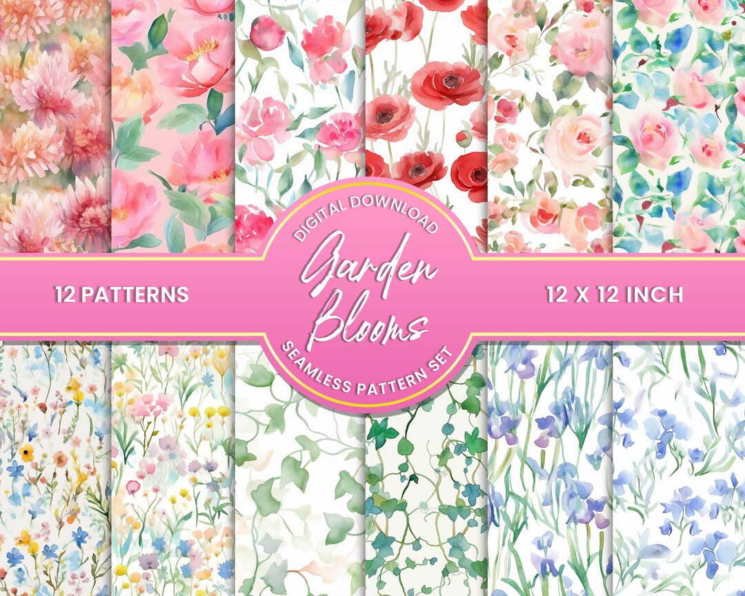 12 Garden Blooms - Digital Paper Seamless Pattern Pack - Watercolor ...