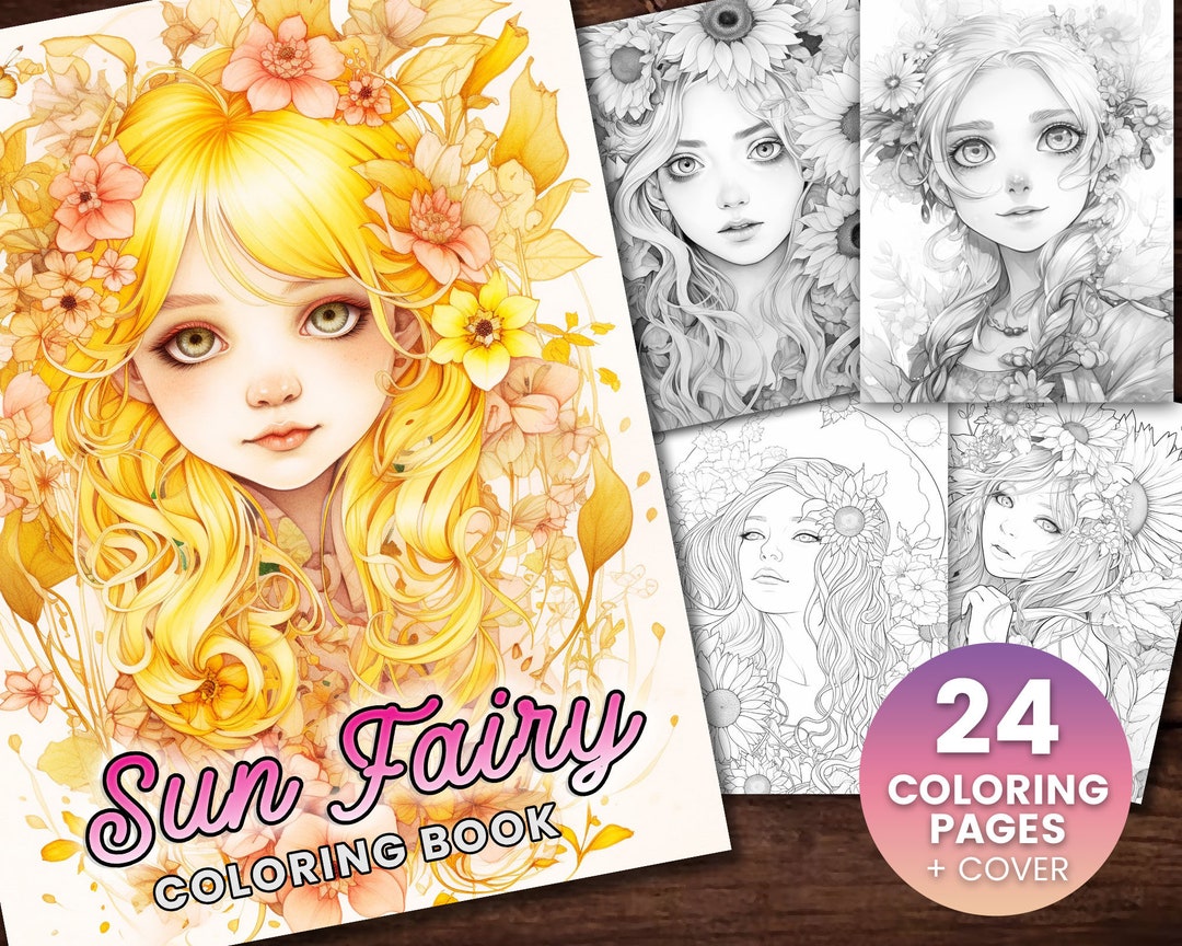 24 Sun Fairies Coloring Book, Adults + Kids- Download - Grayscale Coloring Page - Gift ...