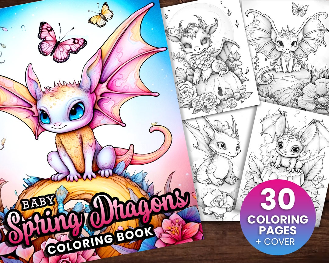 30 Baby Spring Dragon Fantasy Coloring Page Book, Adults + Kids ...