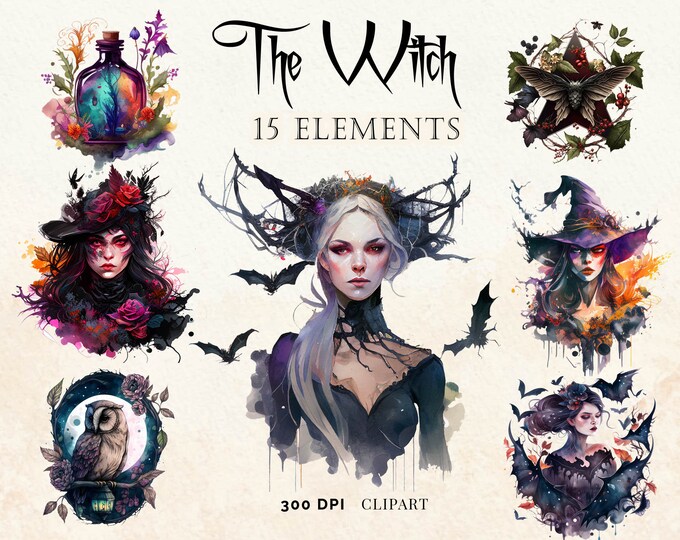 Witch Clipart (15 Graphic Clip Art) Png, Mystical Png, Instant Download ...