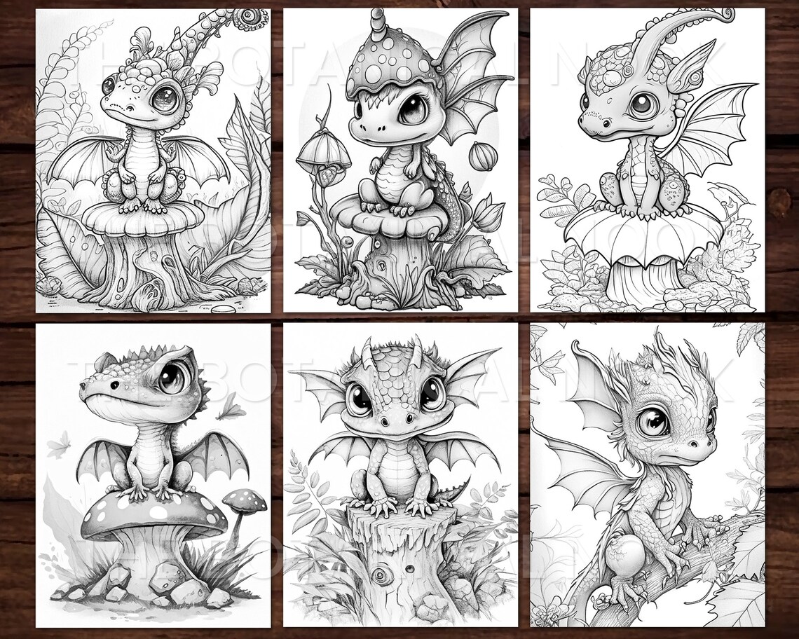 24 Baby Woodland Dragon Fantasy Coloring Page Book Adults - Etsy UK