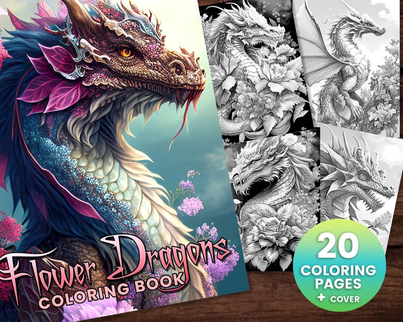 20 Flower Dragon Fantasy Coloring Page Book Adults Kids - Etsy