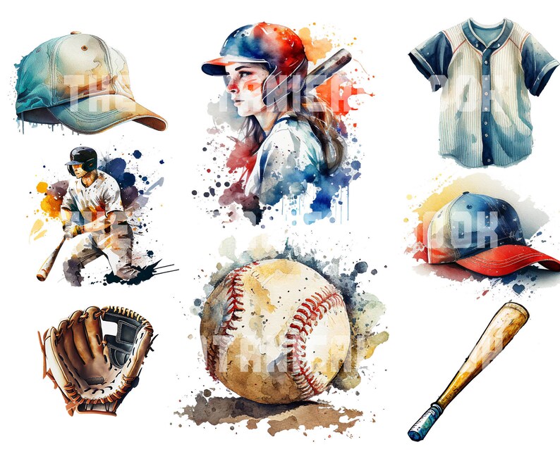 Baseball Clipart Bundle 8 PNG Graphics Watercolor Instant - Etsy