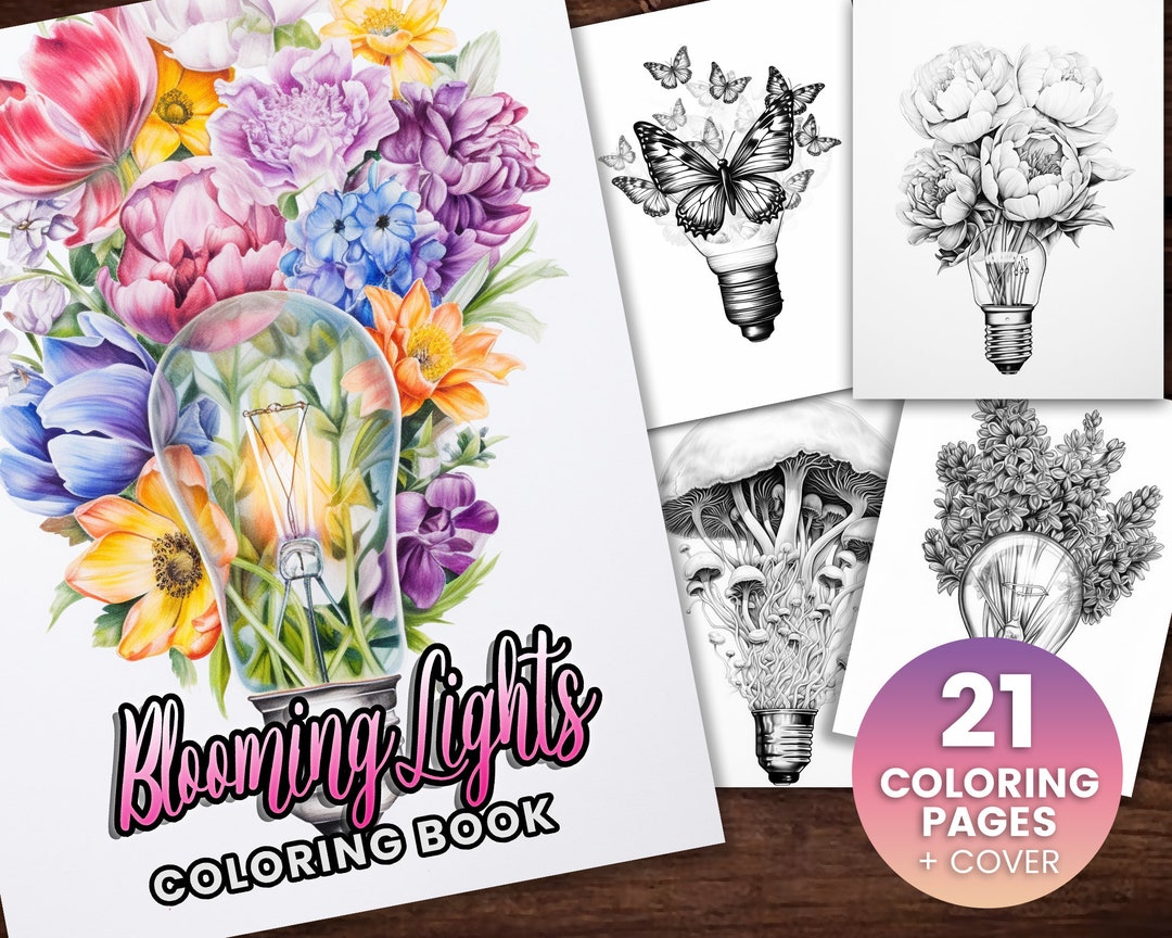 21 Blooming Lights Coloring Book, Adults Kids Instant Download -grayscale Coloring Book ...