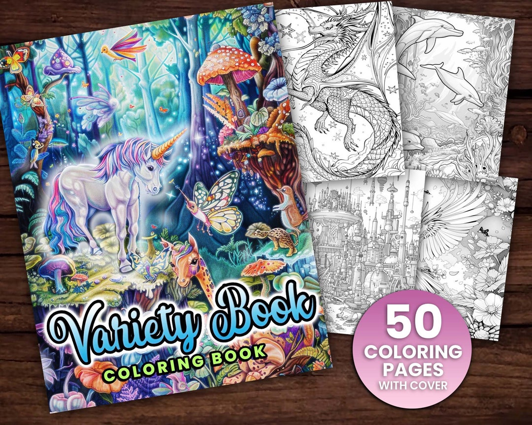 50 Variety Book, Coloring Page Book, Adults + Kids Instant Download ...