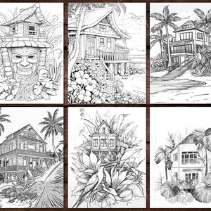 23 Tiki Tropical Houses Coloring Book, Adults Kids Instant Download ...