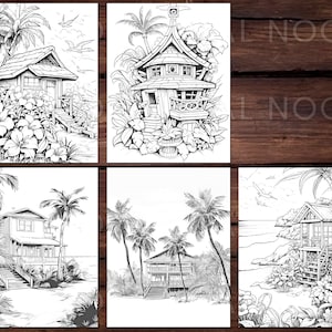 23 Tiki Tropical Houses Coloring Book, Adults Kids Instant Download ...