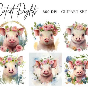 Cute Pig Watercolor Clip Art Set (6 Graphics) Illustration Instant ...