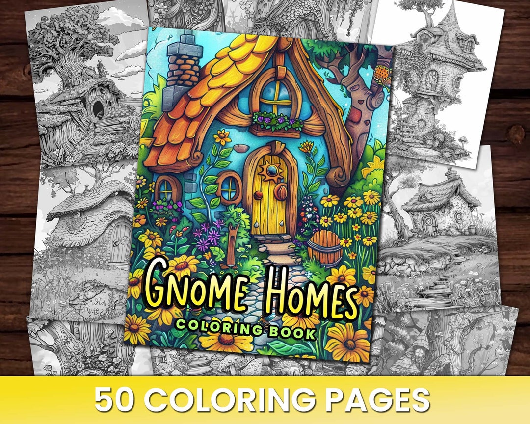 50 Gnome Home Cute Variety, Coloring Page Book, Adults + Kids Instant ...