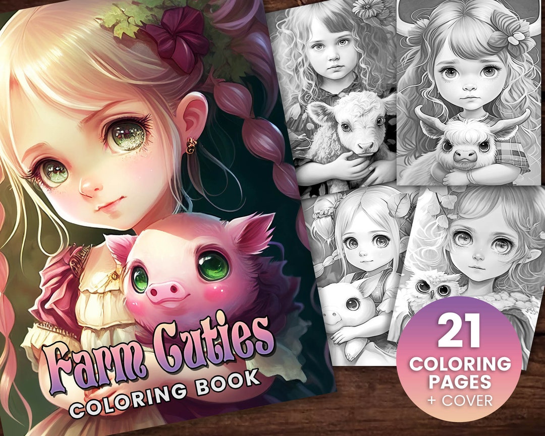 Farm Cuties Coloring Book, Adults + Kids- Instant Download - Grayscale ...