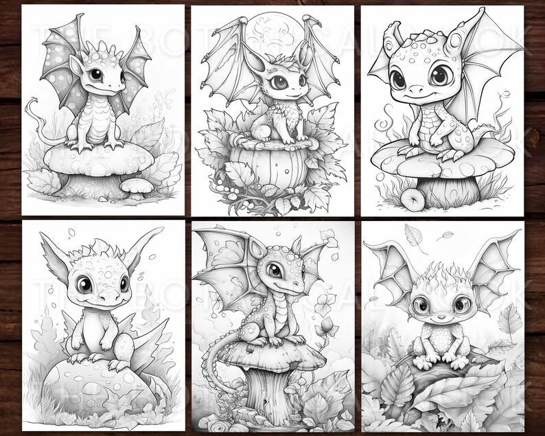 30 Baby Woodland Dragon Fantasy Coloring Page Book, Adults + Kids ...