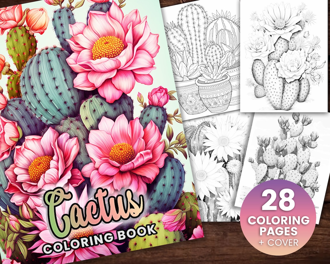 28 Blooming Cactuses Coloring Book, Adults Kids Instant Download ...