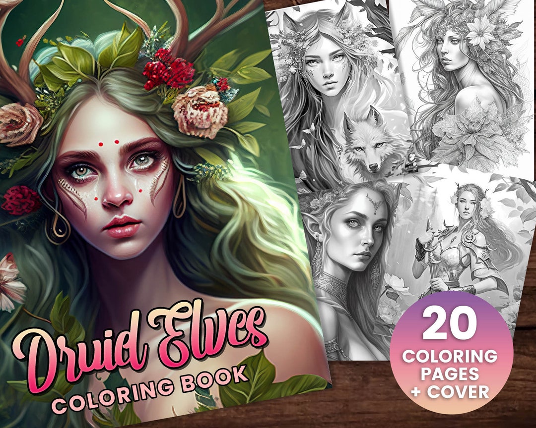 20 Elf and Druid Fantasy Woman Coloring Page Book, Adults + Kids ...