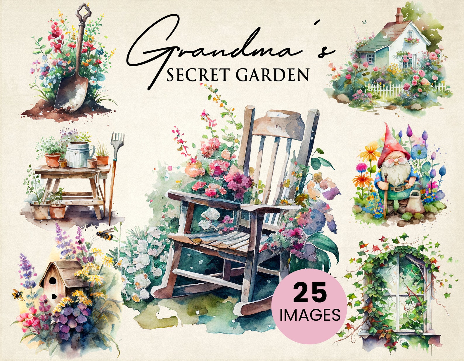 Grandma's Secret Garden Watercolor Clip Art Set (25 Element Graphic ...