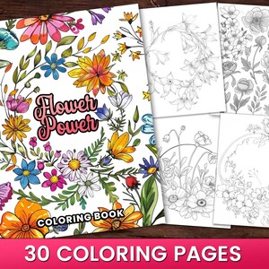 30 Flower Power Coloring Page Book, Adults + Kids Instant Download ...