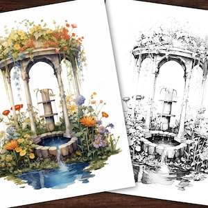 12 Wishing Wells Coloring Book, Adults Kids Instant Download -grayscale ...
