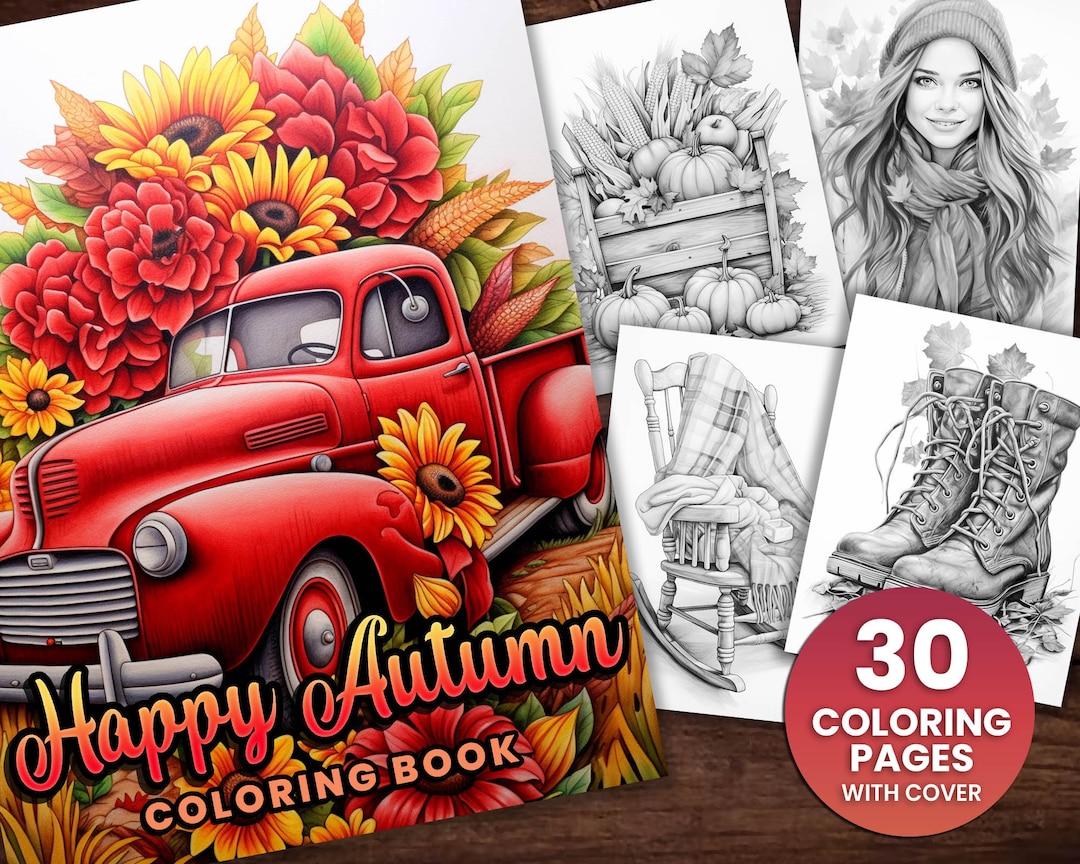 30 Happy Autumn Coloring Book, Adults + Kids- Download - Grayscale ...