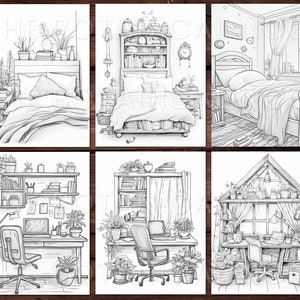 20 Cute Rooms Coloring Book, Adults Kids Instant Download -grayscale ...