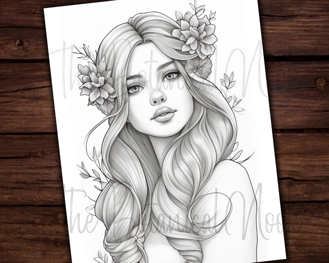 Pretty Lady Shiny Hair Beautiful Coloring Page, Adults & Kids- Instant ...