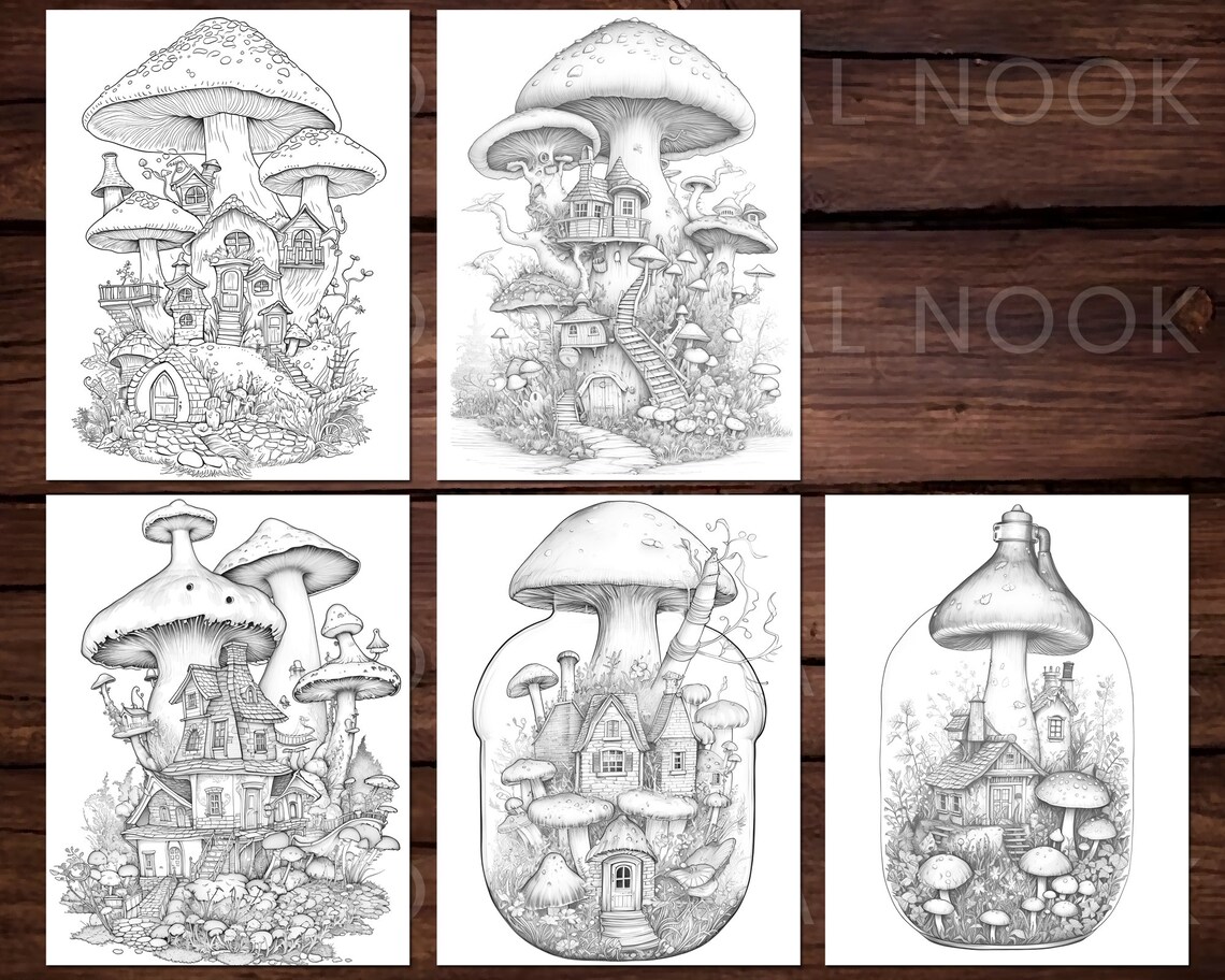 23 Mushroom Houses V2 Coloring Page Book, Adults + Kids- Instant ...