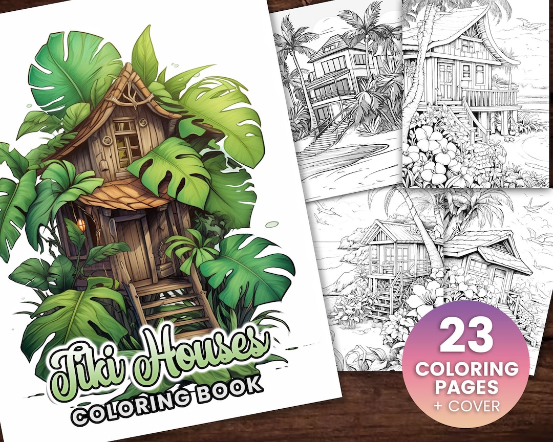 23 Tiki Tropical Houses Coloring Book, Adults Kids Instant Download ...