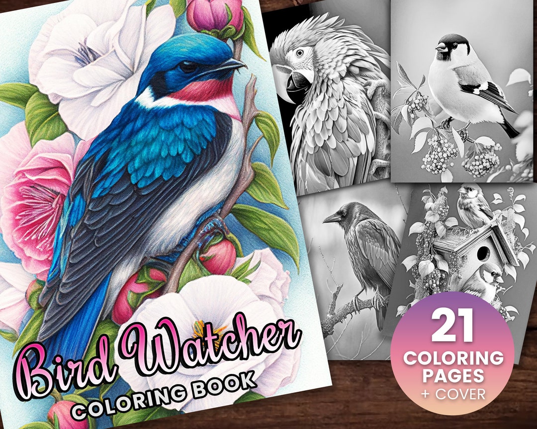 21 Bird Watcher Cute Animal Coloring Page Book, Adults + Kids Instant ...