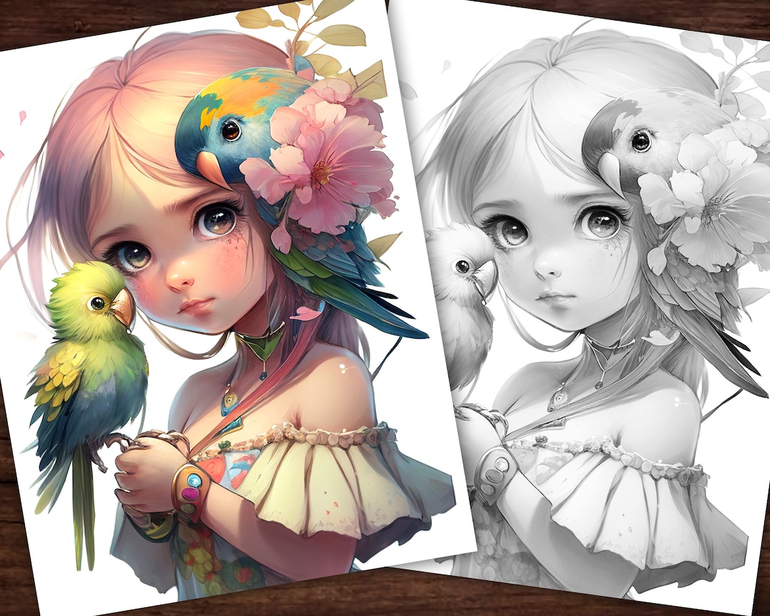 Girl and Her Bird 5 Fairy Fantasy Anime Coloring Page, Adults Kids ...