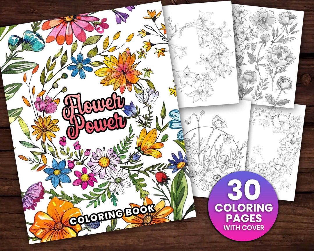 30 Flower Power Coloring Page Book, Adults + Kids Instant Download ...