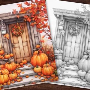 Autumn Door Entry Coloring Page, Adults + Kids- Download - Grayscale ...
